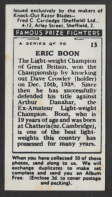CARTLEDGE-FAMOUS PRIZE FIGHTERS BOXING 1938-#13b- ERIC BOON | eBay UK