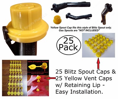 50pcs total NEW Combo Pk 25 BLITZ Yellow Spout Caps +25 YELLOW GAS CAN ...