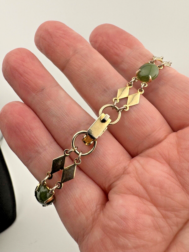 Vintage Gold Tone Two Strand Bracelet with Green Jade Like Stones | eBay