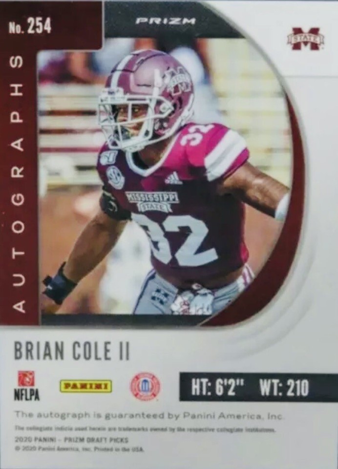 2020 Prizm Draft Picks Brian Cole II Silver Prizm Autograph Auto RC ...