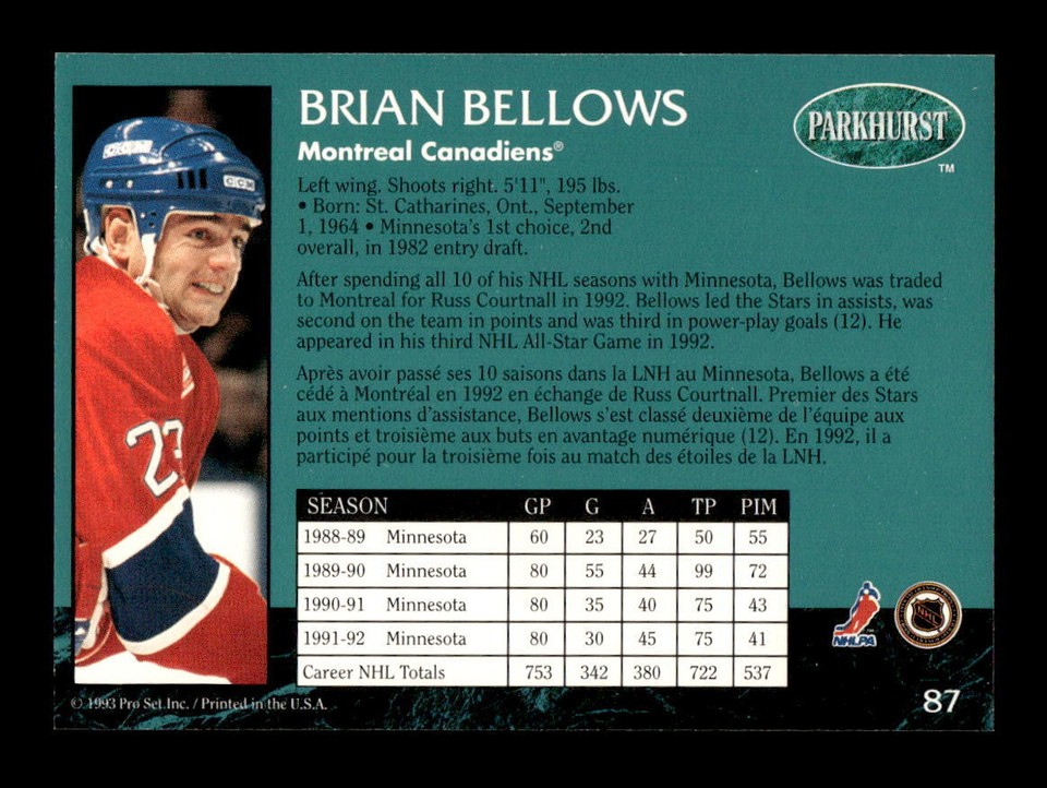 1992 Parkhurst Brian Bellows #87 | eBay