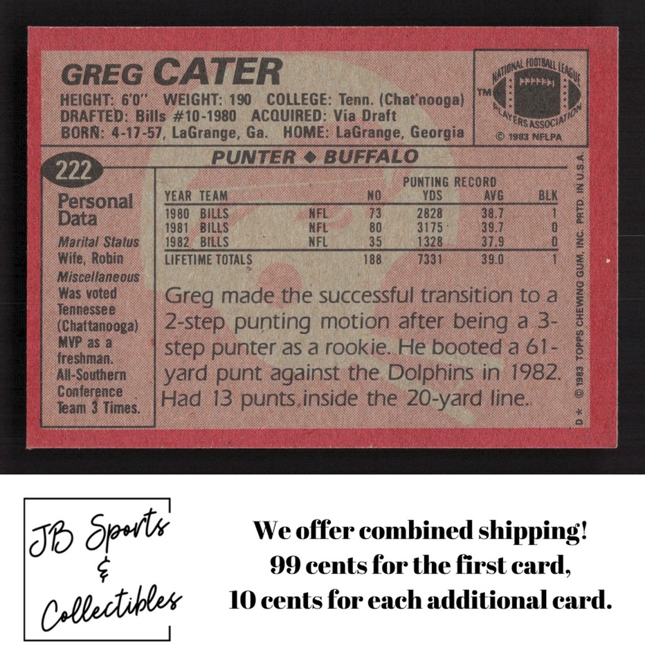 1983 Topps Greg Cater #222 Buffalo Bills | eBay