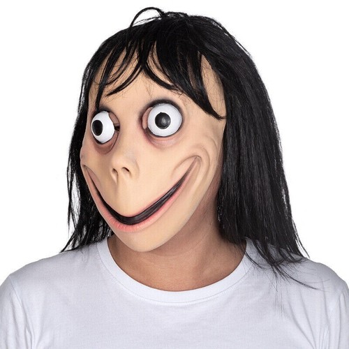 Momo Mask with Long Hair Scary Latex Halloween Costume Creepy Dress Up ...
