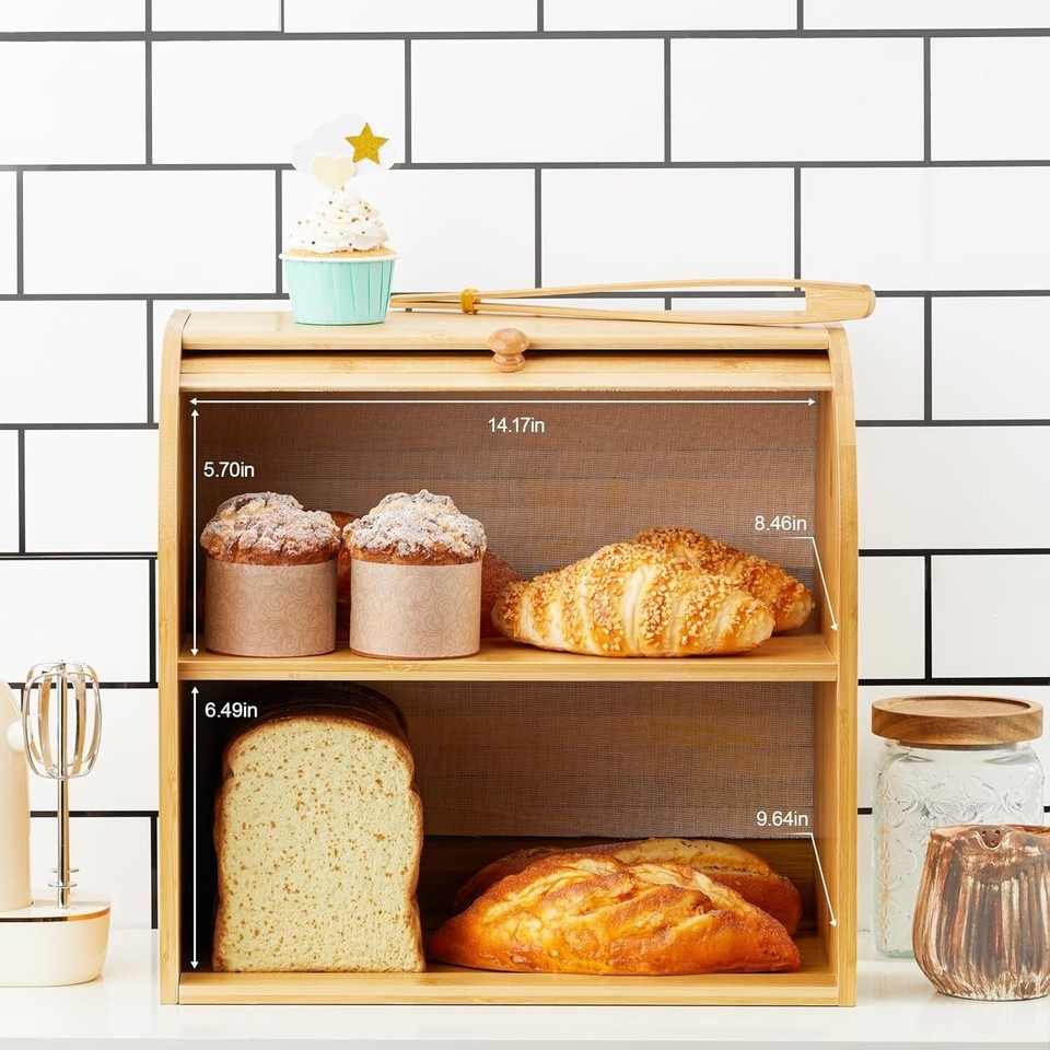 Bread Bin 2 Tiers Double Layer Box Slide Roll Top Food Storage Rack ...