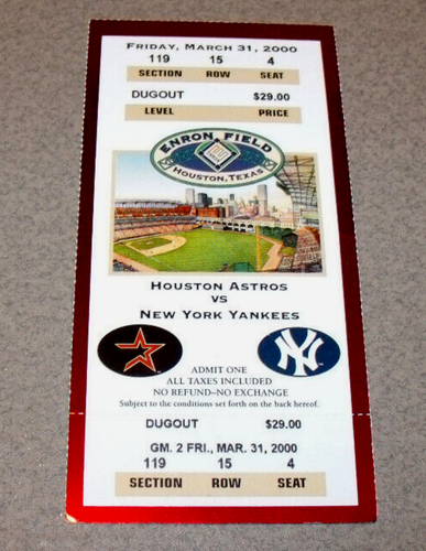 Houston Astros 3/31/2000 Exhibition Full Ticket vs Yanks 2nd Game at ...