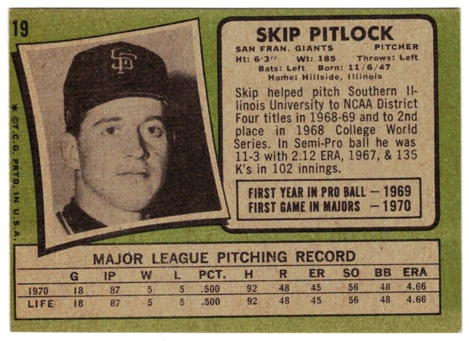 1971 Topps Skip Pitlock Card # 19 (ex+) San Francisco Giants B | eBay