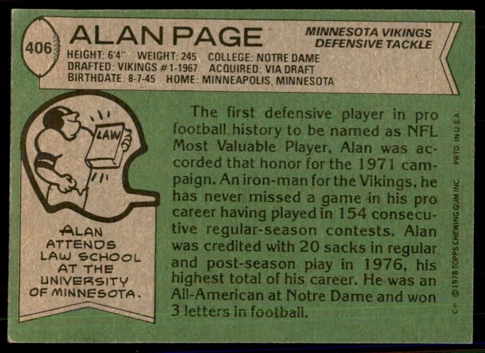 1978 Topps Alan Page Football Cards #406 | eBay