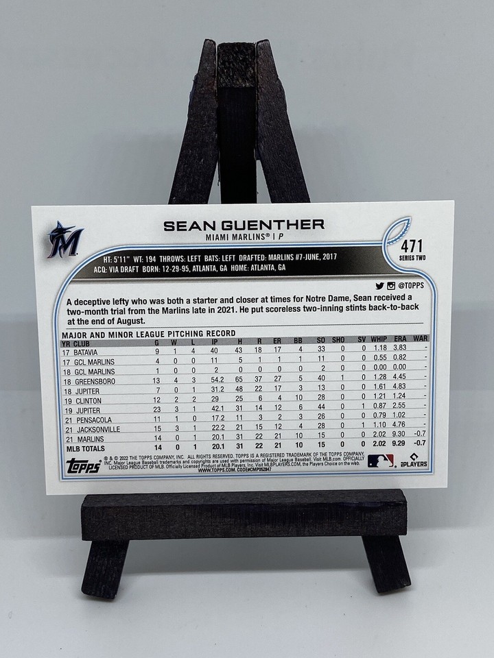 Sean Guenther RC 2022 Topps Series 2 Gold Foil Parallel No. 471 Miami ...