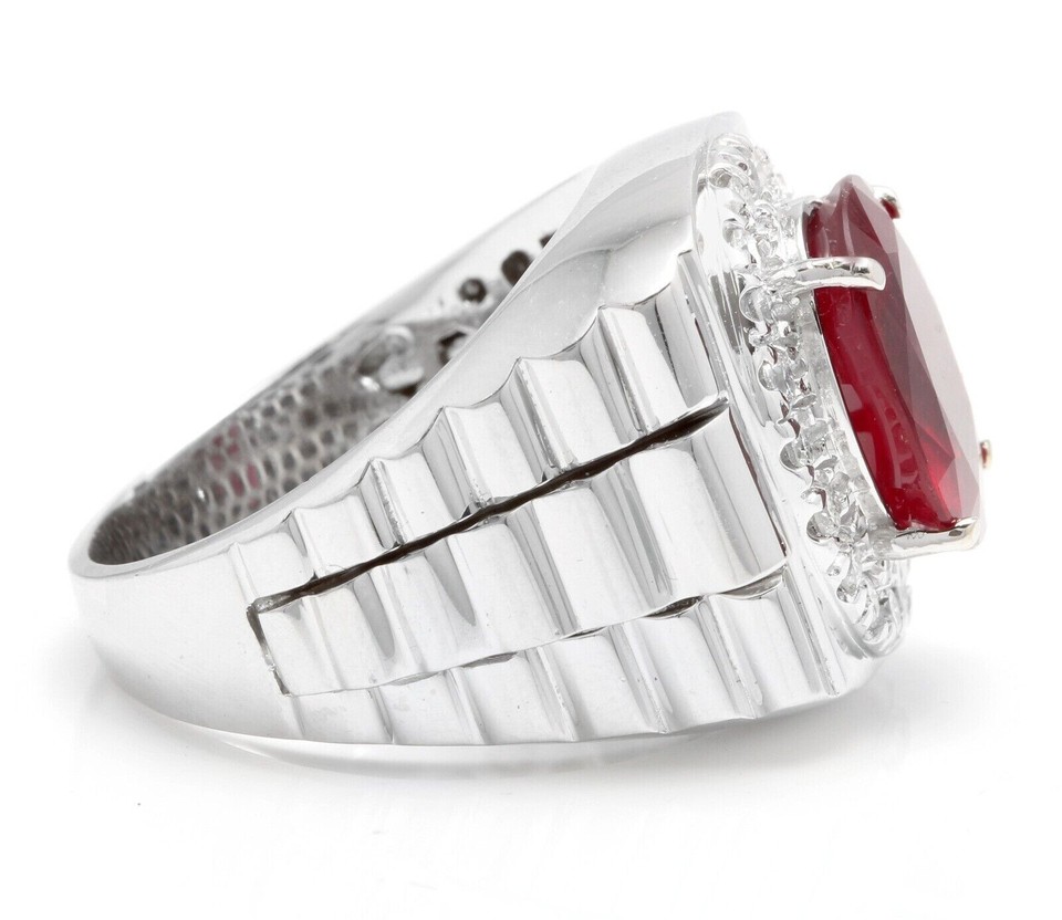3.10Ct Oval Cut Lab Created Red Ruby & Diamond Men's Ring 14K White ...