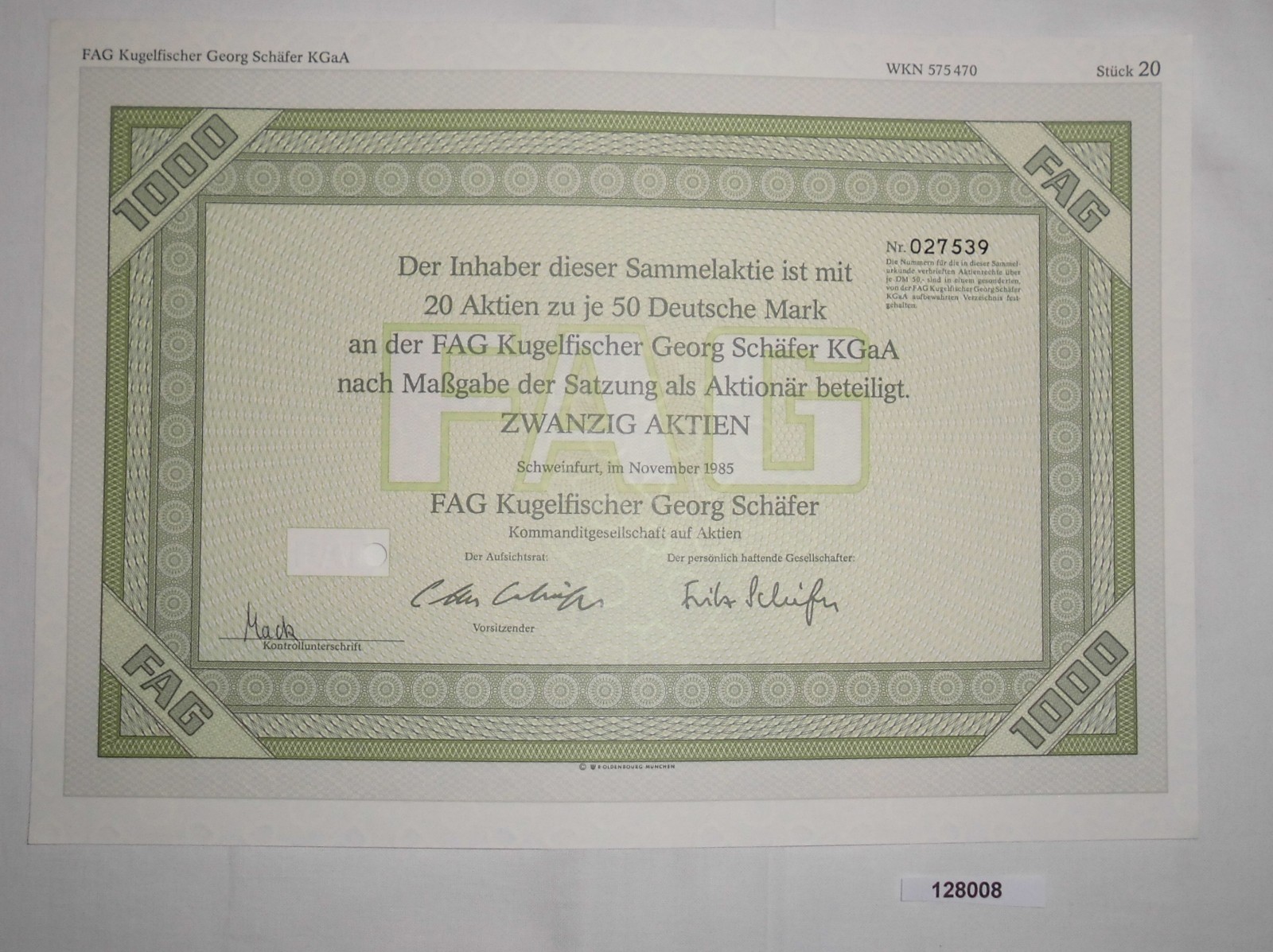 50 Mark zwanzig Aktien FAG Kugelfischer Georg Schäfer Schweinfurt 1985 (128008) | eBay