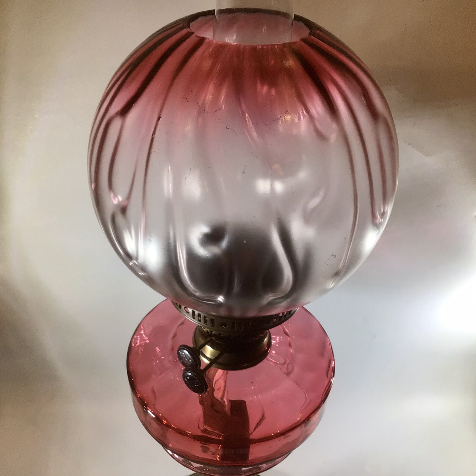 Antique Cranberry Glass Oil Lamp Brass Column Base Moulded Cranberry ...