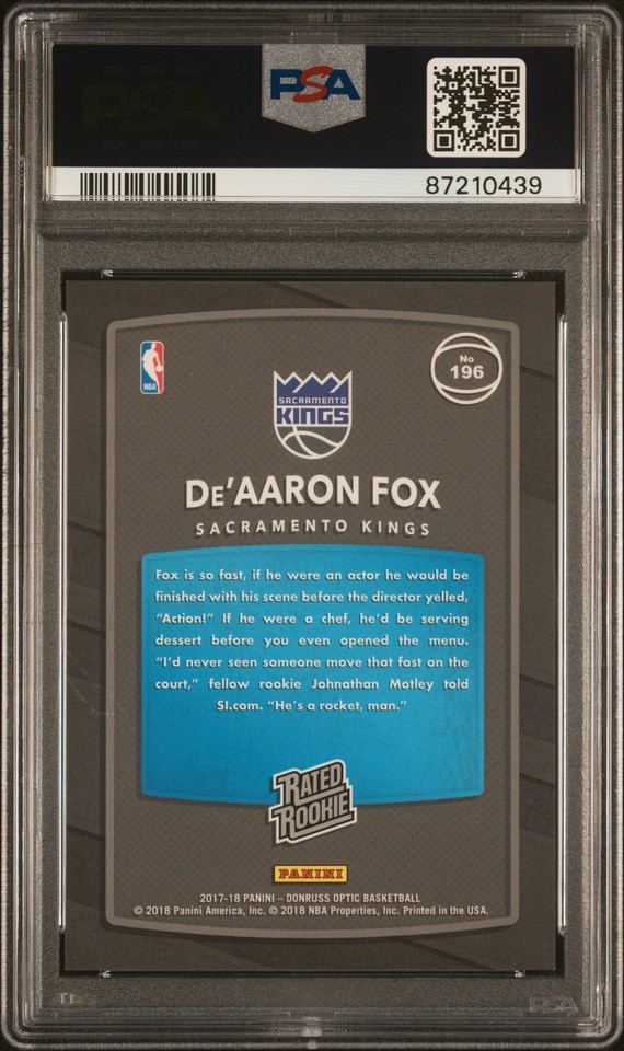 2017 Panini Donruss Optic 196 DeAaron Fox Shock Rookie Card - PSA 9 RC ...