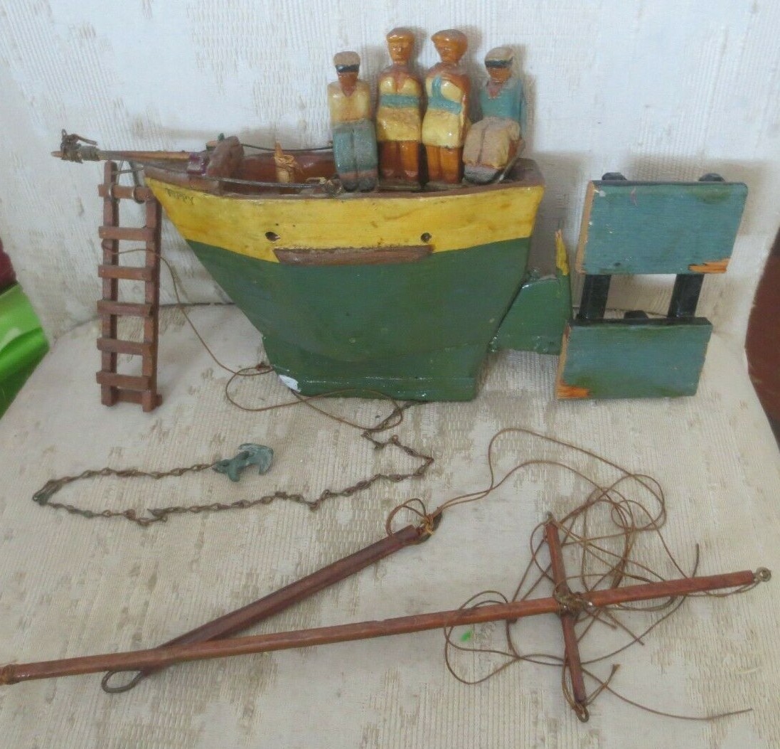 Wooden Arts & Crafts TIPPY Boat Sailboat Dingy wood people metal anchor ...