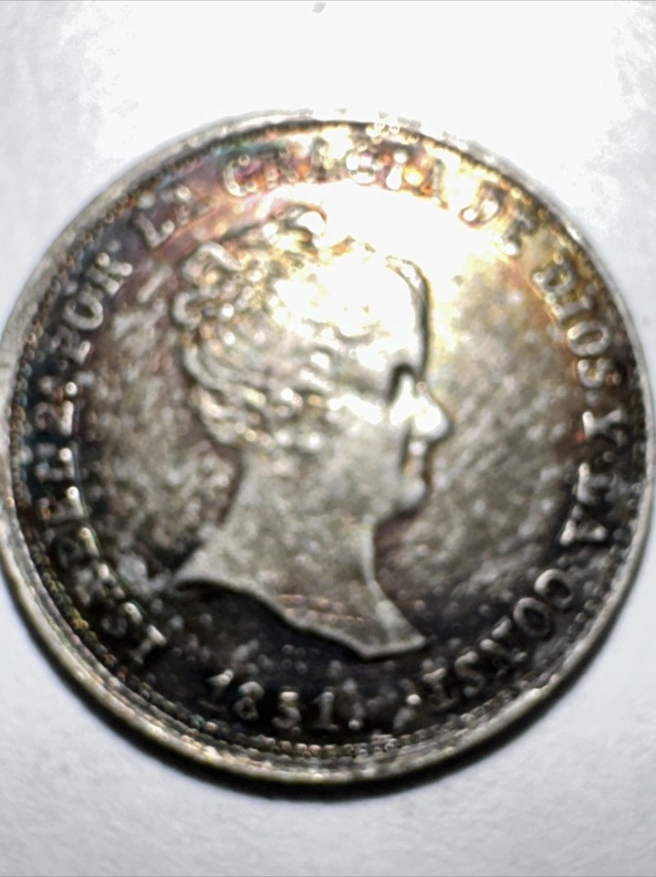 1851 SPAIN Queen ISABELLA II Antique Silver 2 Reales Spanish Coin Toned ...