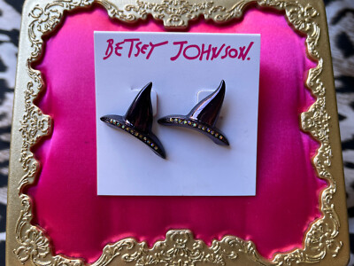 Betsey Johnson Creep It Real Purple Metallic Witch Hat Stud Earrings Crystal AB | eBay