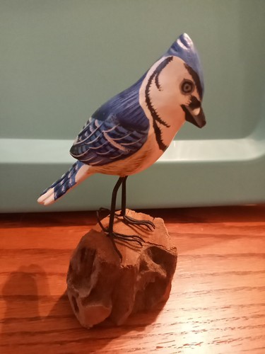 Blue Jay Bird Statue, Painted Wood Carving, Wooden Bird Art ...