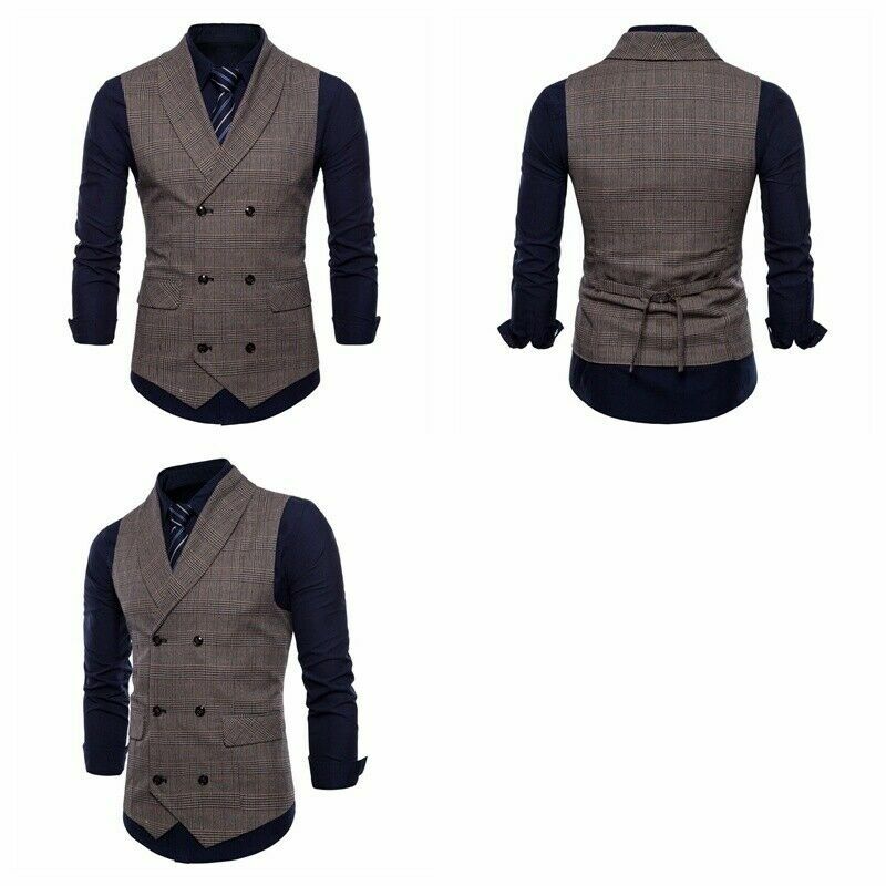 Stylish Men Suit Vest Jacket Waistcoat Double Breasted Checks Formal ...