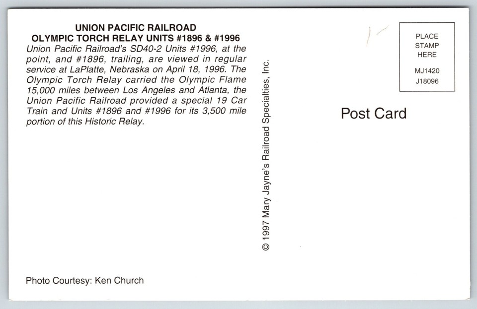 Postcard Union Pacific Railroad Olympic Torch Relay Units #1896 & 1996 ...