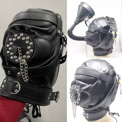 Funnel Full Head Cover Mask Hood Bondage Roleplay Headgear Harness BDSM ...