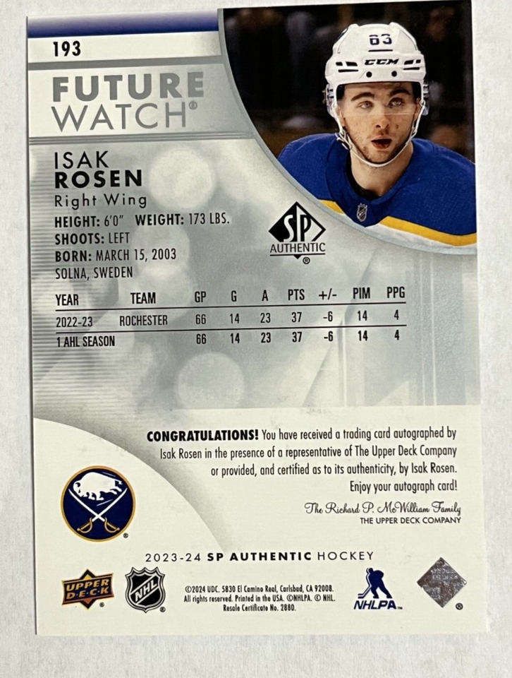 2023-24 UD SP Authentic ISAK ROSEN Future Watch AUTO 211/999 | eBay