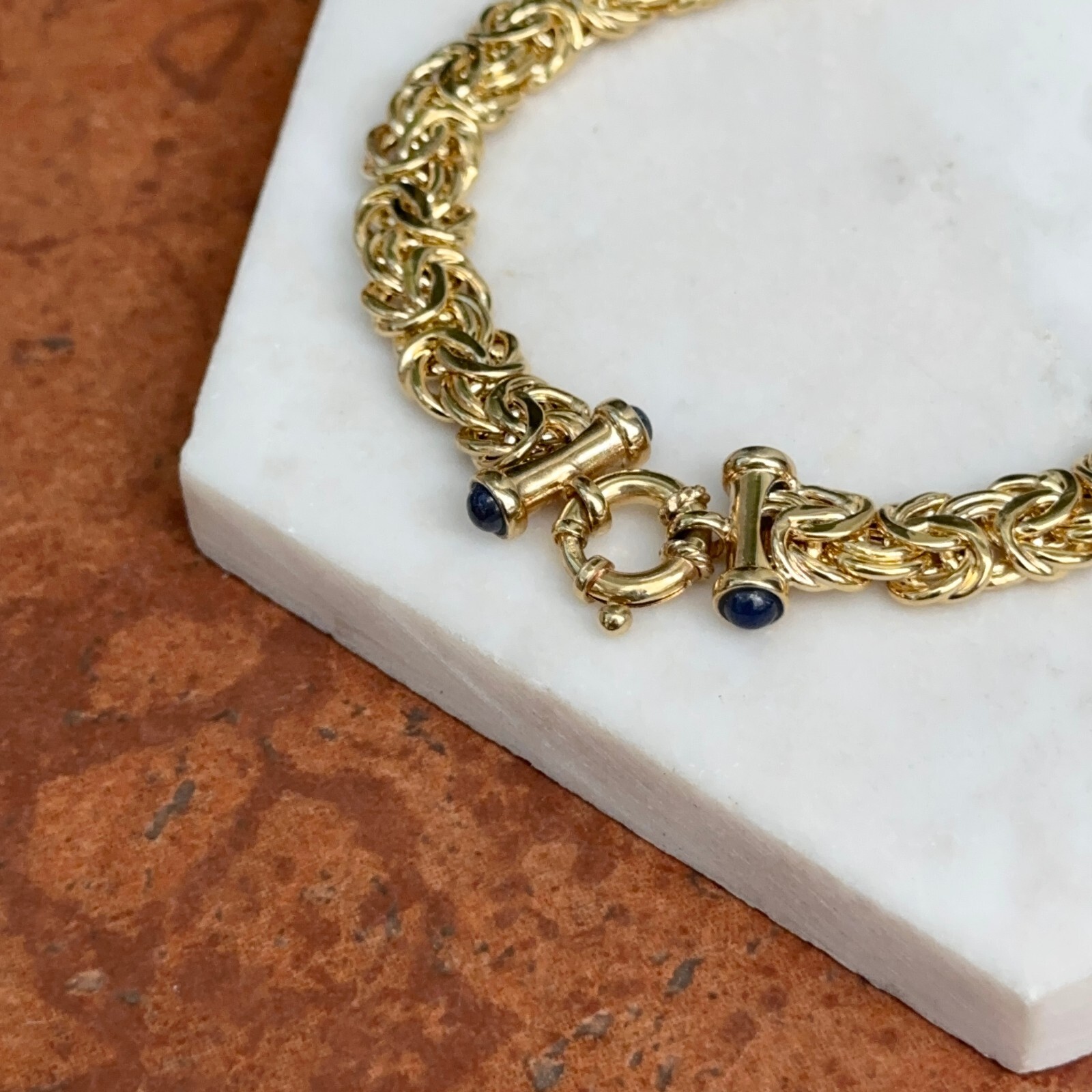 14KT Yellow Gold Byzantine Link Toggle Clasp Chain Necklace w Sapphires ...