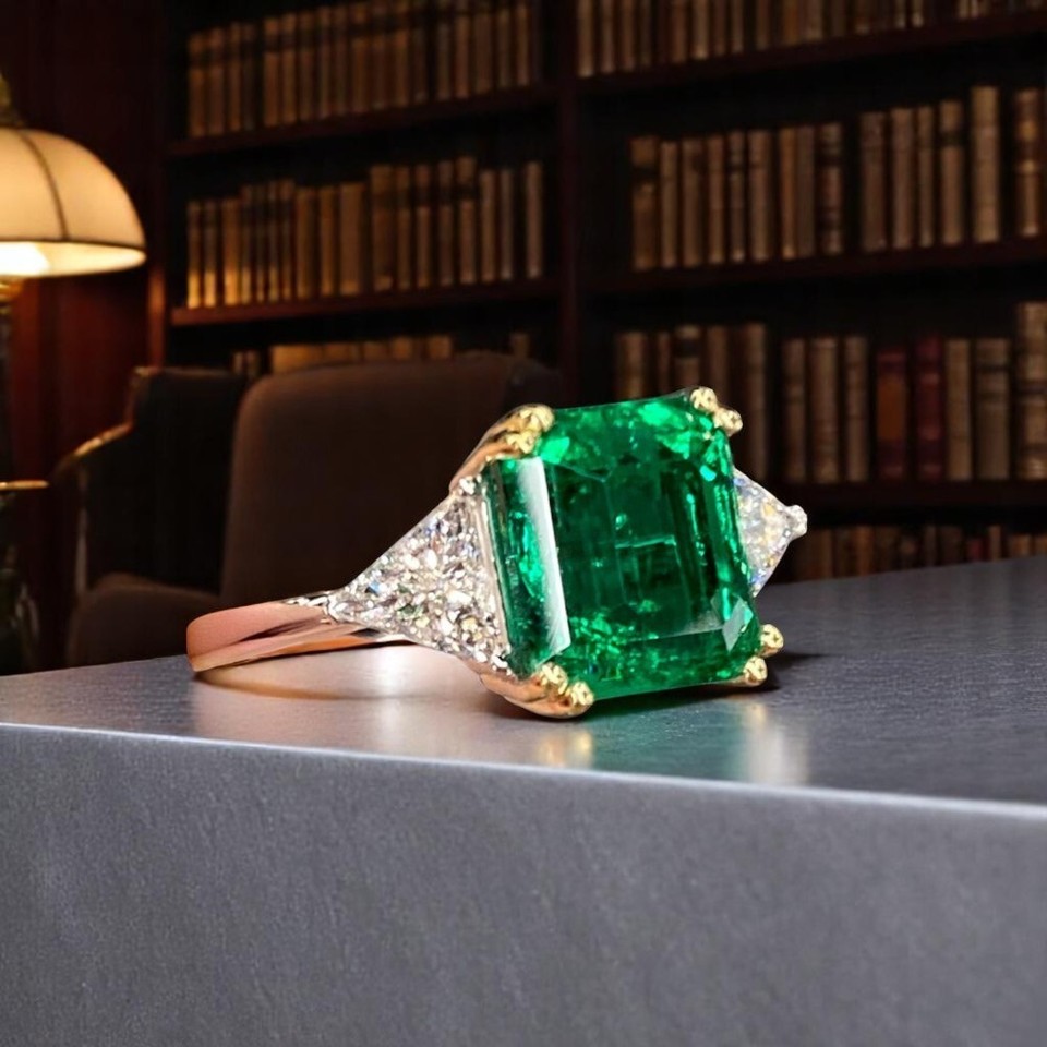 Wedding 14K Multi Gold Ring Emerald Cut Green 4.80 Ct Lab Grown Diamond ...