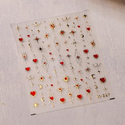 5D Embossed Gold Star Nail Stickers - Red Heart & Moon Nail Art Style ...