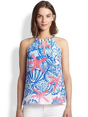 New Lilly Pulitzer Resort White She She Shells Silk ROGAN Top Starfish ...