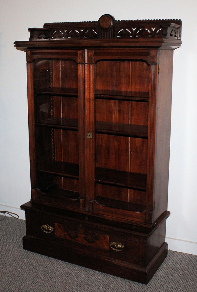 Antique Victorian Walnut Step Back Bookcase – Two Glass Doors | eBay