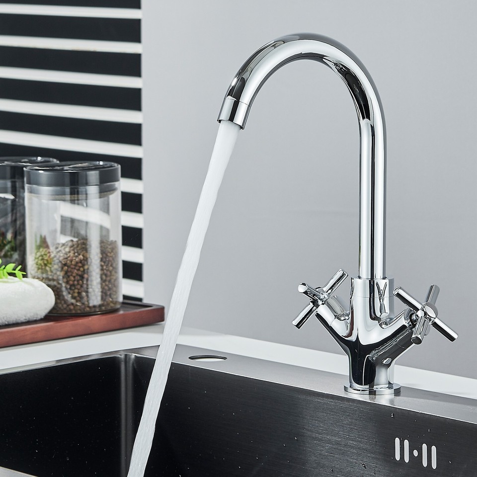 Modern Kitchen Sink Mixer Taps Swivel Spout Twin Lever Tap Mono Faucet ...
