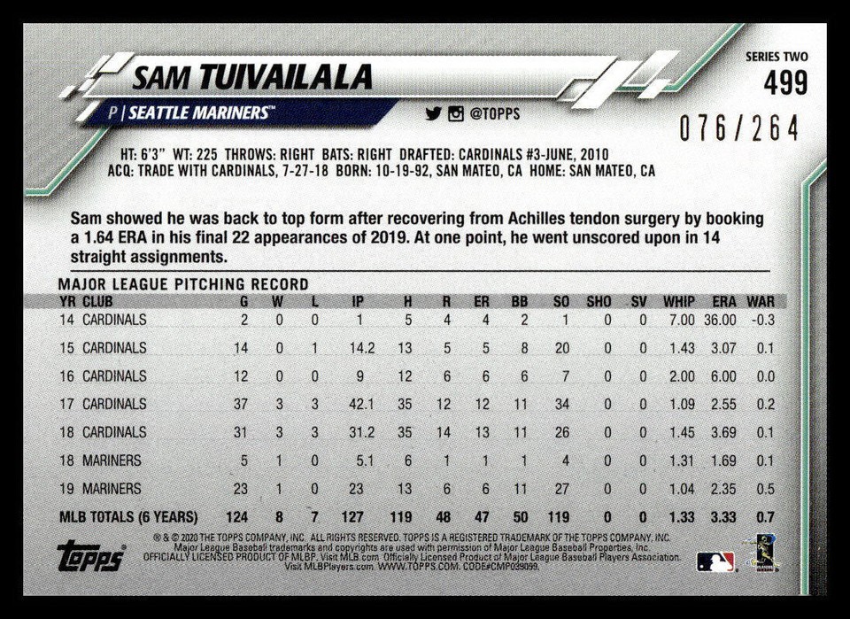 2020 Topps Sam Tuivailala Retail Foilboard #'d /264 499 Seattle ...