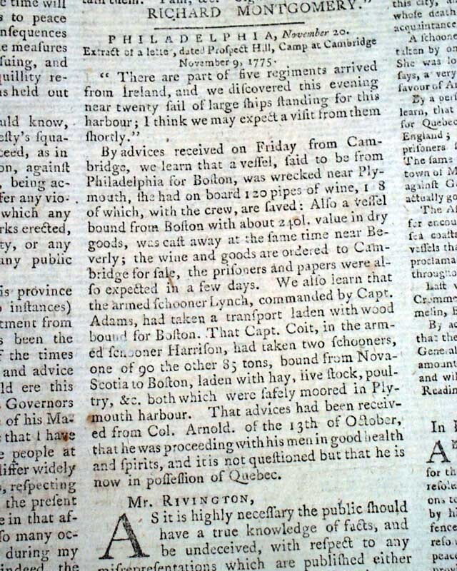 Very Rare REVOLUTIONARY WAR Spy Publisher James Rivington Tory 1775 ...