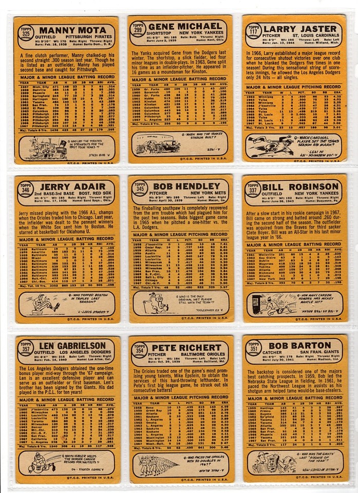 9-CARD SHEET OF 1968 TOPPS BASEBALL TRADING CARDS - SPRING CLEANING LOT ...