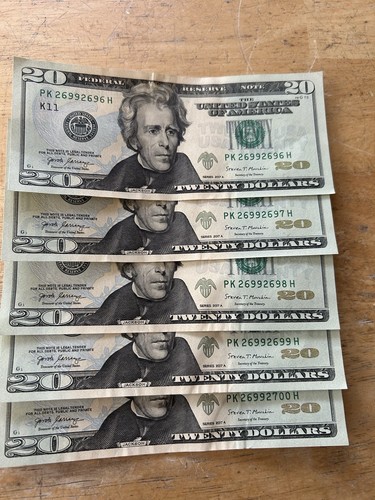 Lot of 5 Sequential TWENTY DOLLAR $20 Bills - 2017A, $100 Face Trinary ...