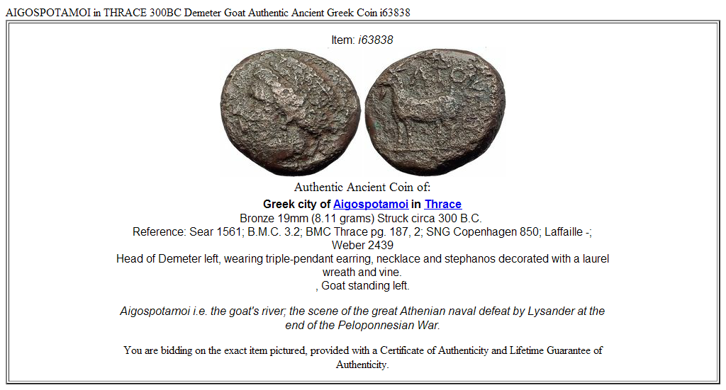 AIGOSPOTAMOI in THRACE 300BC Demeter Goat Authentic Ancient Greek Coin ...