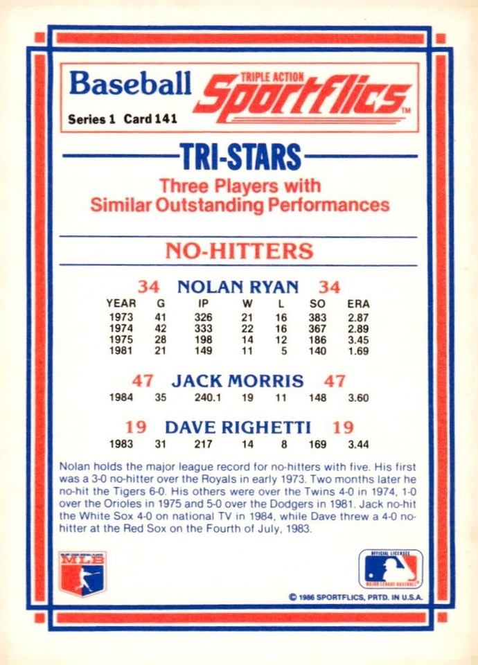 1986 Sportflics #141 Jack Morris / Dave Righetti / Nolan Ryan | eBay
