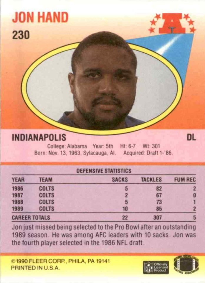 1990 Fleer Jon Hand Indianapolis Colts #230 | eBay