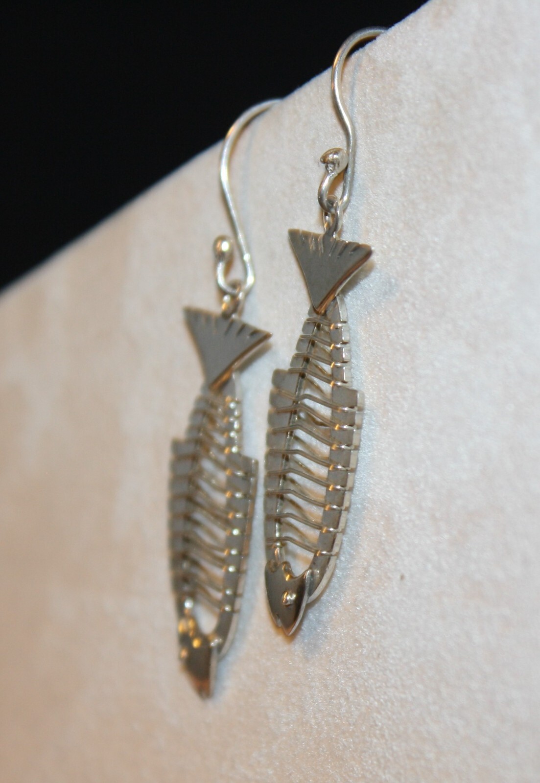 RETRO STERLING SILVER WIRE SKELETON BONE FISH DANGLE EARRINGS MEXICO ...