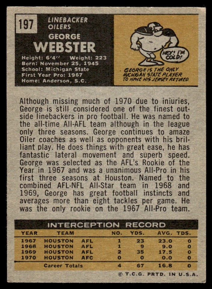 1971 Topps George Webster Houston Oilers #197 | eBay