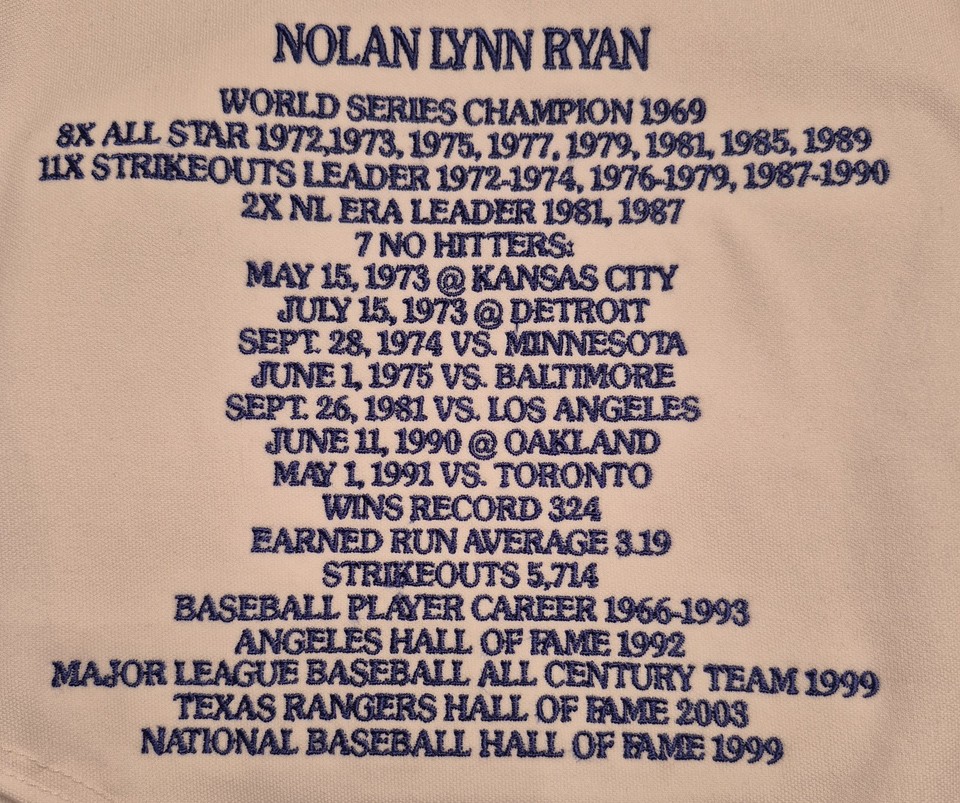 Nolan Ryan Signed Texas Rangers Stat Jersey With Lots Of Inscriptions ...