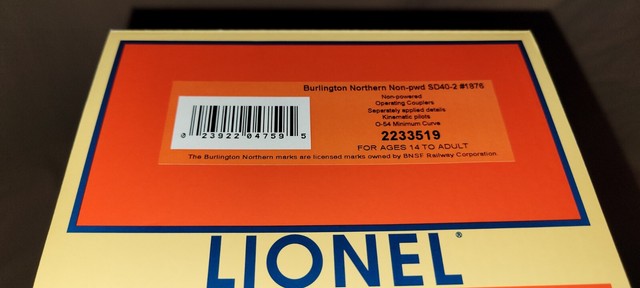 LIONEL BN NON-POWERED SD40-2 DIESEL LOCOMOTIVE ENGINE #1876 O GAUGE ...