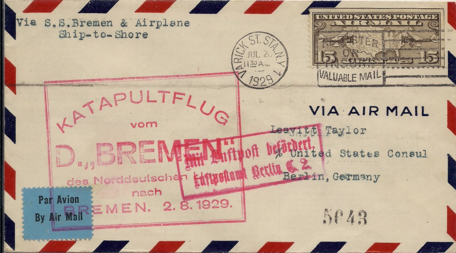 CATAPULT COVER with C-8 Airmail From the Bremen Ship Jul 2, 1929 | eBay