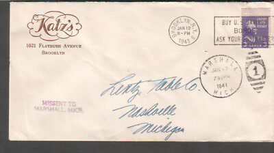 1941 cover Katz's Brooklyn NY to Nashville Michigan missent to Marshall ...