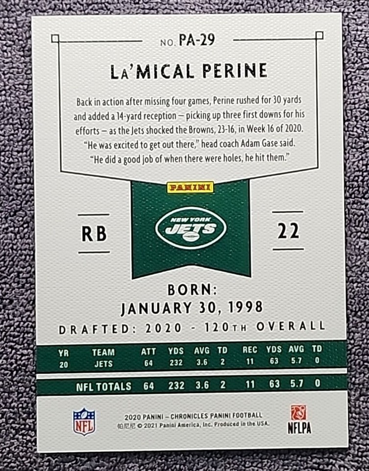 LaMical Perine 2020 Panini Chronicles Gold /10 Football Rookie #PA-29 ...