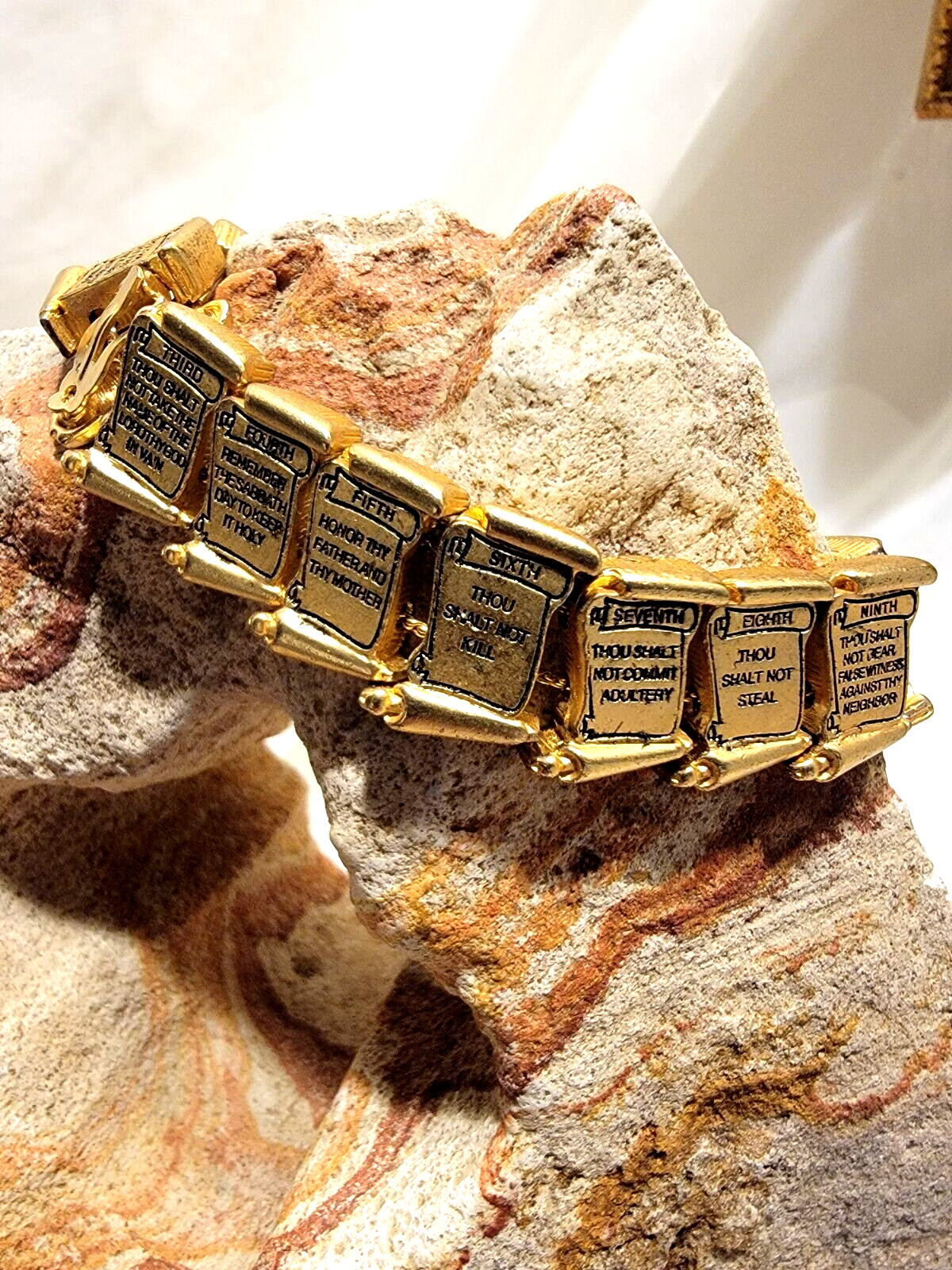 Vintage Gold Tone Ten Commandments Panel Bracelet 8" … - Gem