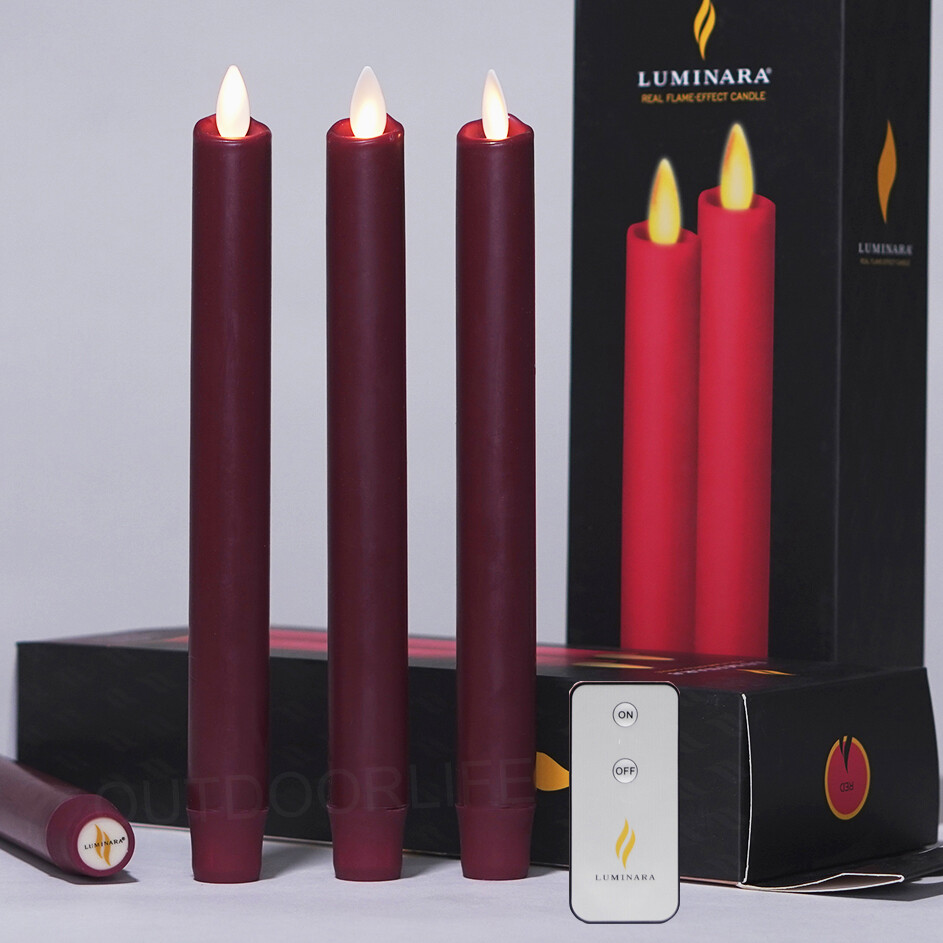 Set of 4 Luminara Flameless Burgundy Taper Candles Wax Battery Operated ...