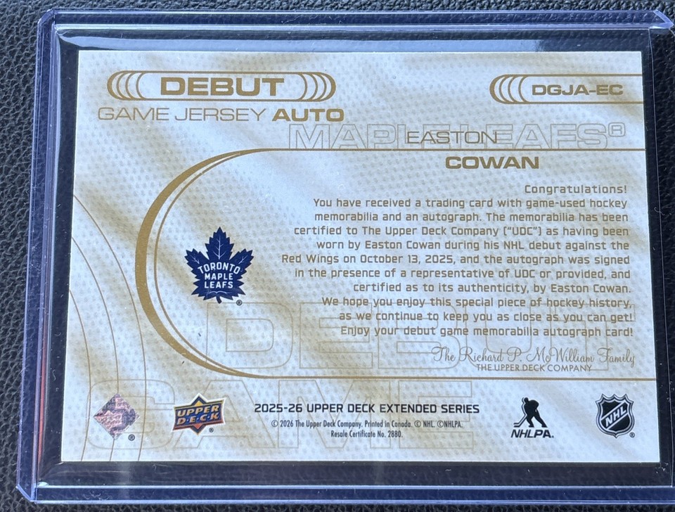2025/26UD Extended debut Game Jersey Auto Easton Cowan 53/53.1 In 8 ...