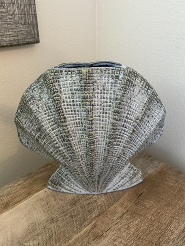 Seashell Vase Large Ceramic Blue Gray Beachy 11.75” Beach Coastal Shore ...