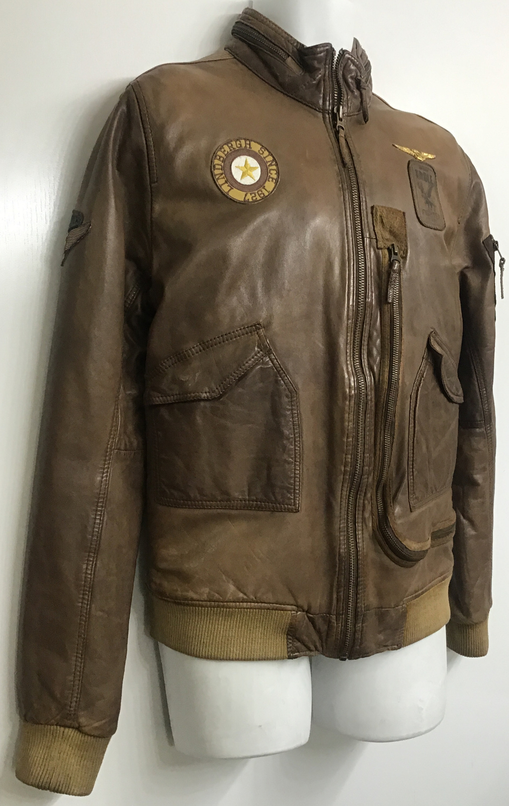 Lindbergh Brown Leather Aviator Men’s Bomber Jacket Flight Patches Size ...