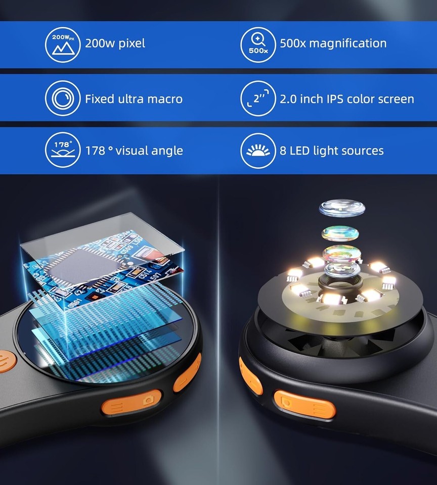 Pocket-Sized Digital Microscope, 200W Pixels, Adjustable LED, 500x ...